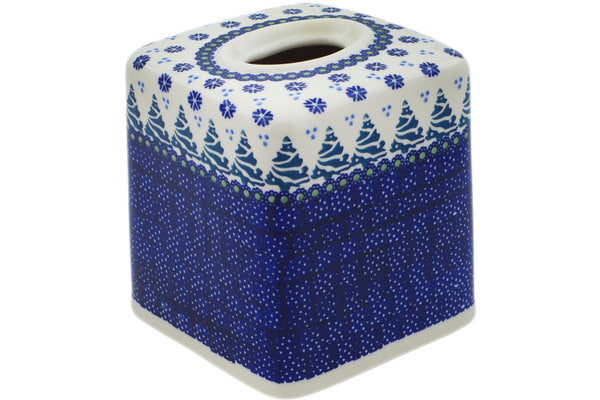 Polish Pottery 6" Tissue Box Cover Falling Snowflakes