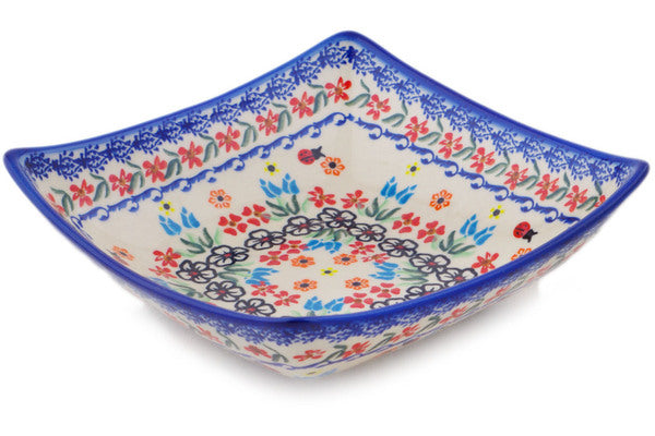 Polish Pottery 8" Square Bowl Fanciful Ladybug