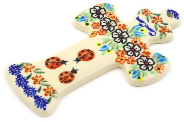 Polish Pottery 7" Cross Fanciful Ladybug