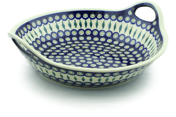 Polish Pottery 15-inch Bowl with Handles Peacock Leaves