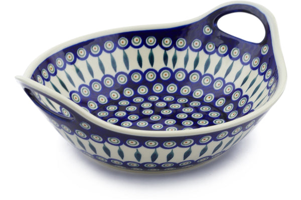Polish Pottery 12-inch Bowl with Handles Peacock Leaves